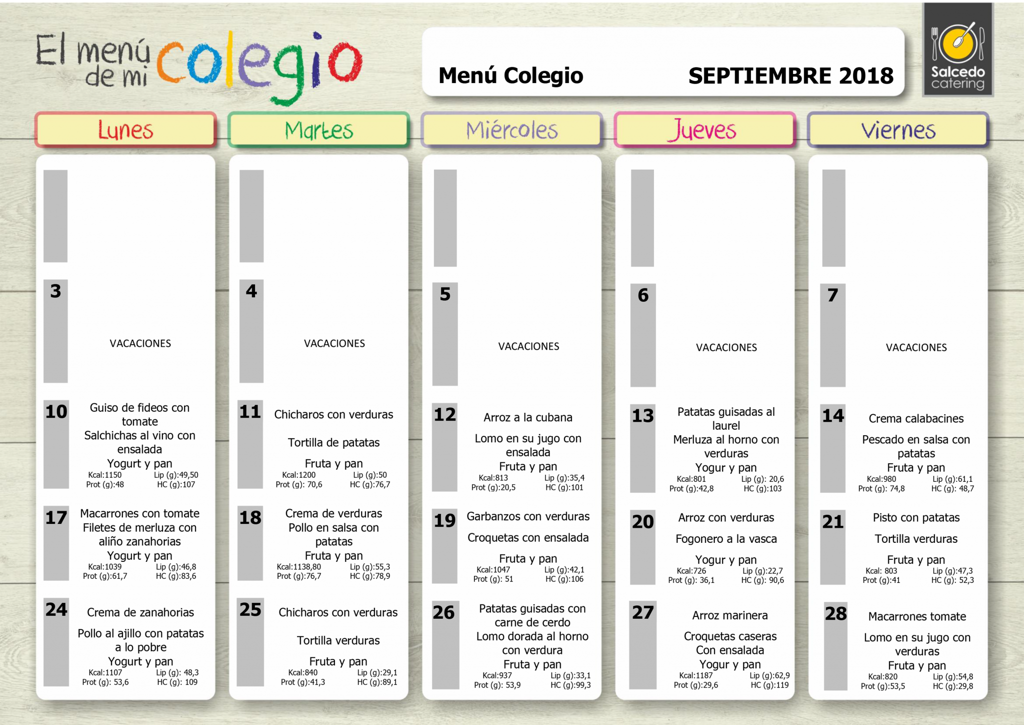 Menú Colegio | Salcedo Catering | Colectividades en Sevilla