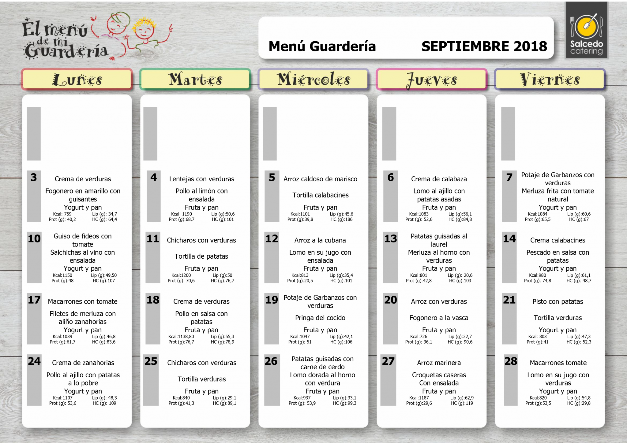 Menú Guardería | Salcedo Catering